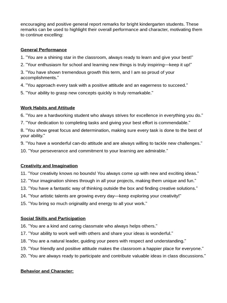Encouraging and Positive General Report Remarks For Bright Kindergarten Students | PDF ...