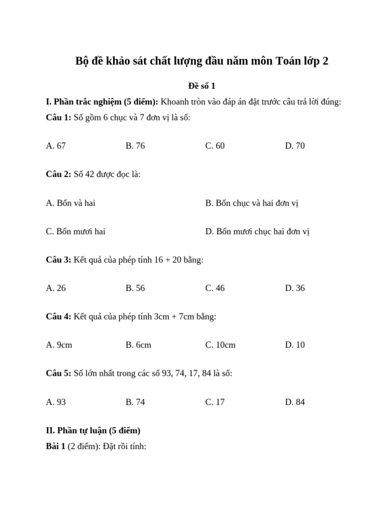 10 de Khao Sat Chat Luong Dau Nam Toan Lop 2 | PDF