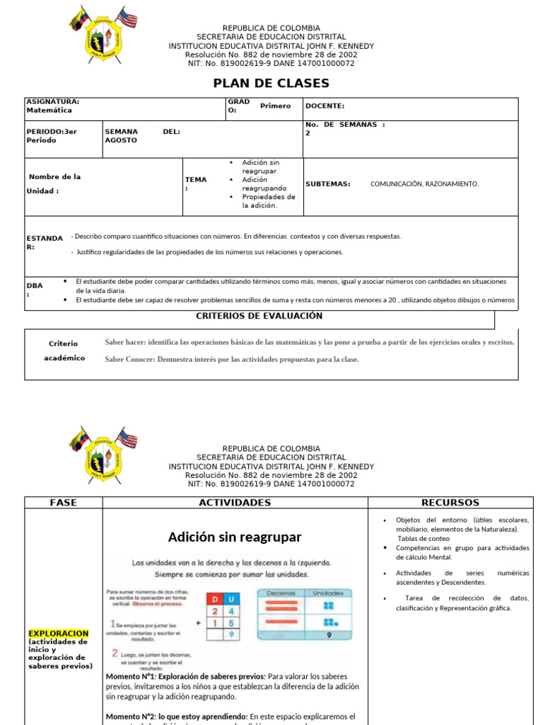 Plan de Clase de Matematica Ajustado | PDF | Evaluación | Cognición