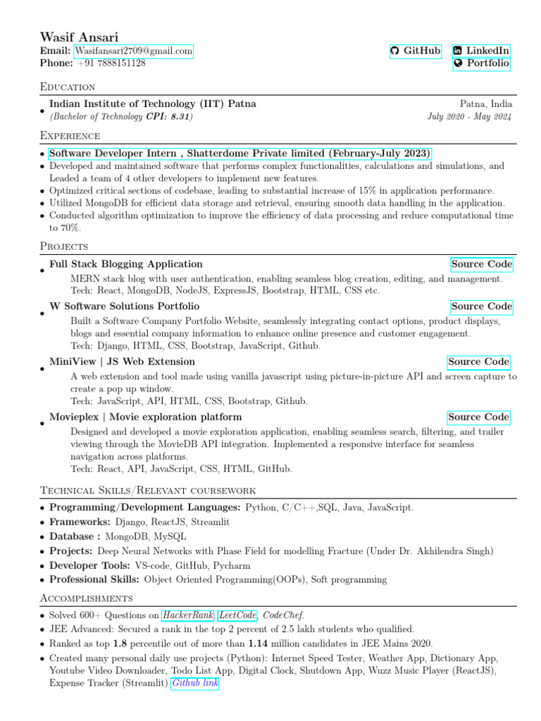 IITP_Resume_Btech (2) | PDF | Java Script | Mobile App