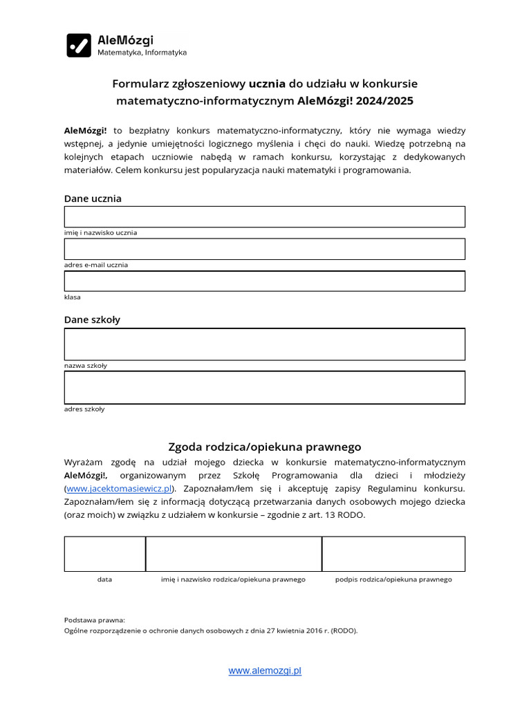 Formularz Zgłoszeniowy Ucznia 2024 - 2025 | PDF