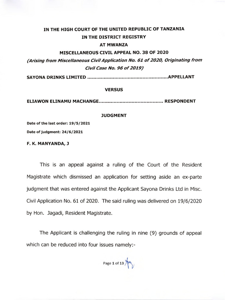 Sayona Drinks Limited Vs Eliawon Elinamu Machange (Misc Civil Appeal 38 ...