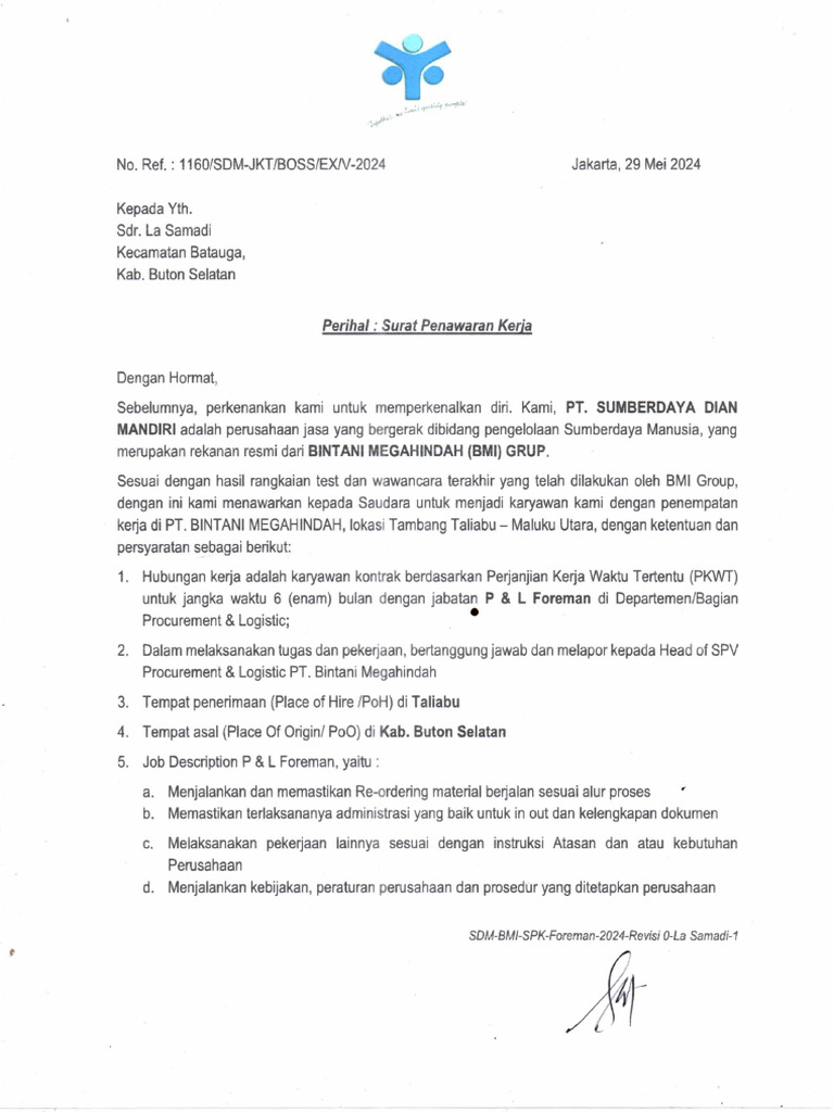 Offering Letter-P & L Foreman-La Samadi-BMI (TTD) | PDF