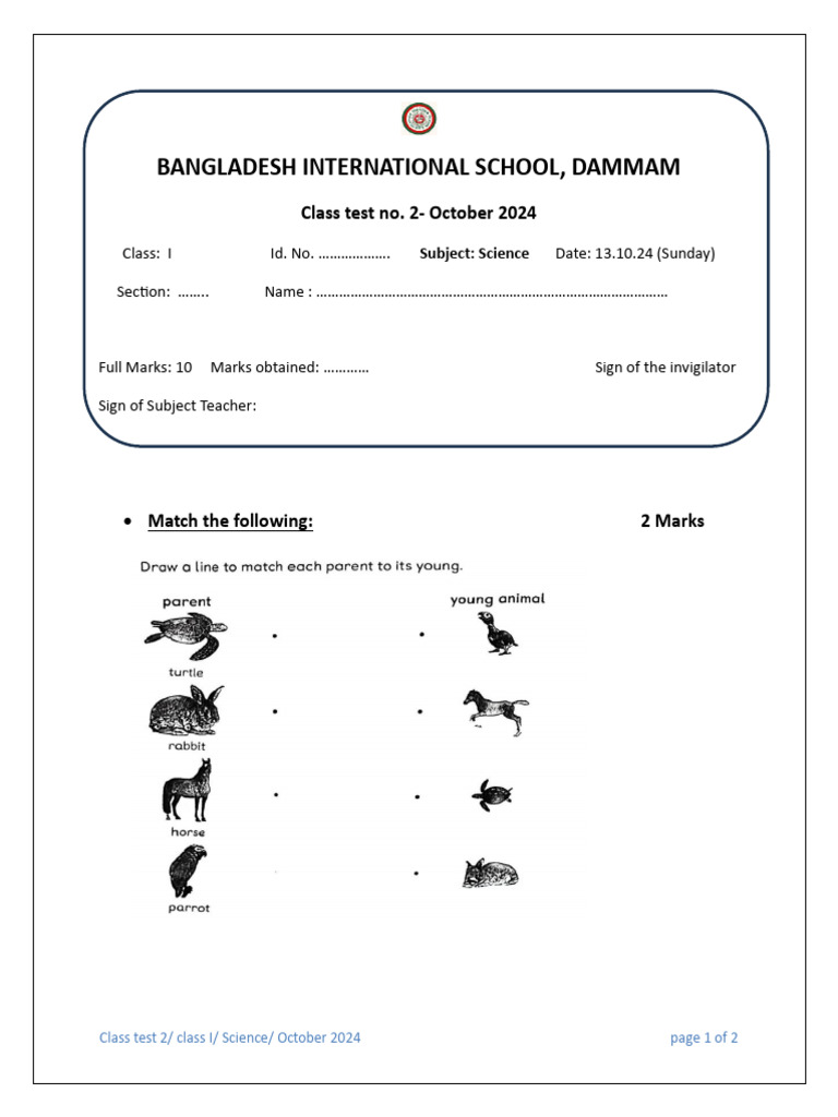 Grade-1 Science Class - Test - 2 - Question - Paper - Format - 23.09.24 ...