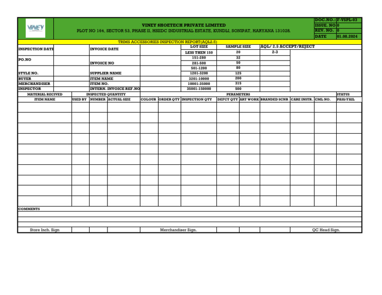 Format Trim Inspection Report | PDF