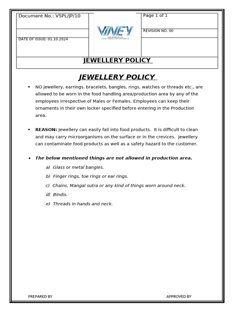 Jewelry Restrictions in Food Areas | PDF