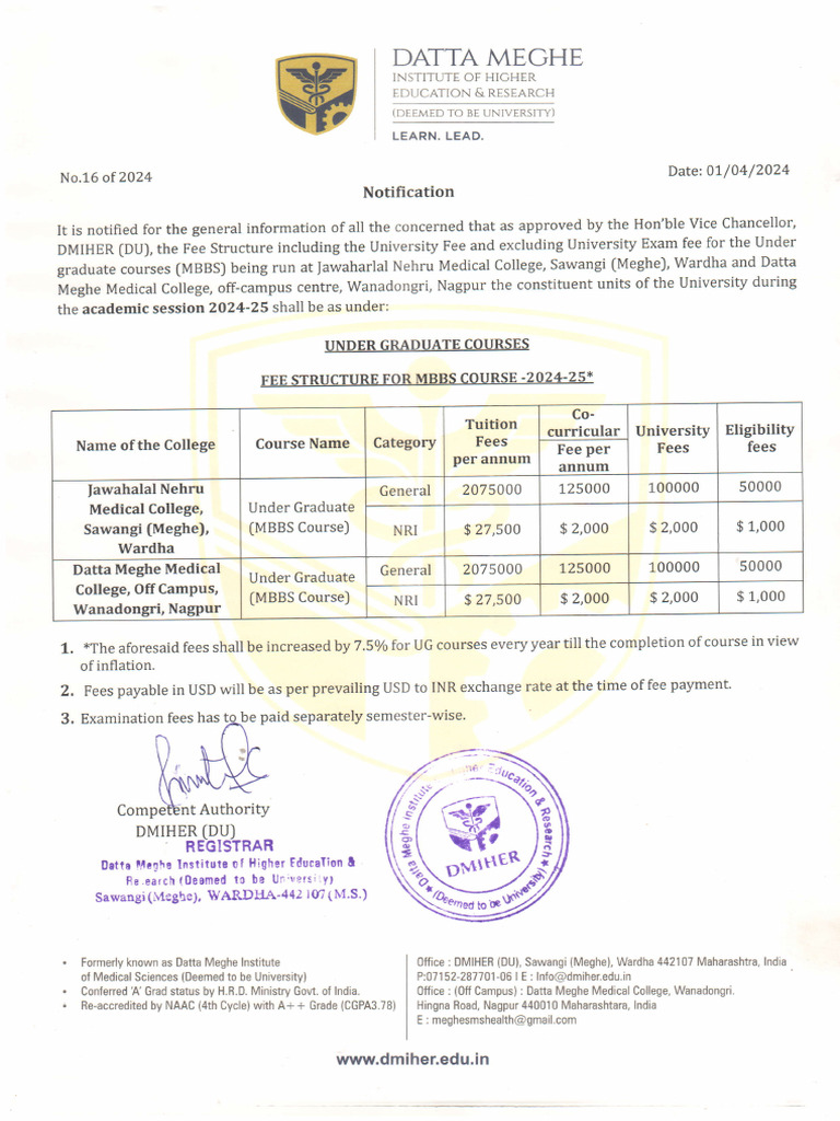 Fee Structure For MBBS - 2024-25 | PDF | Medical Education | Academia
