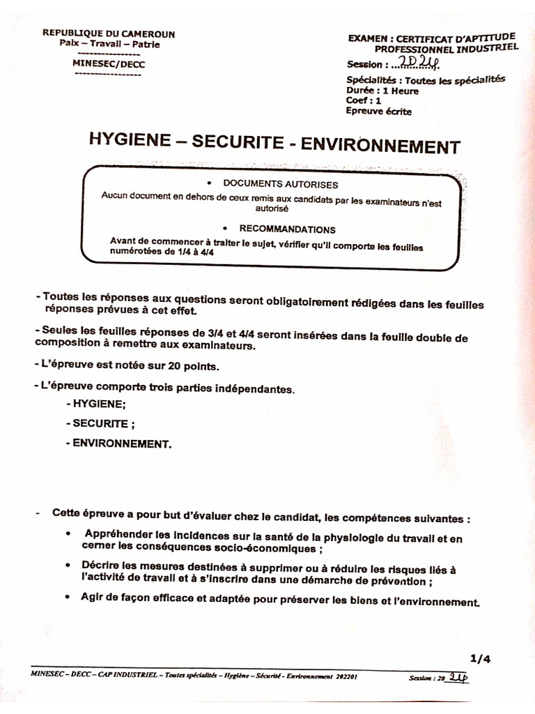 Hygiène Sécurité CAP 2024 | PDF