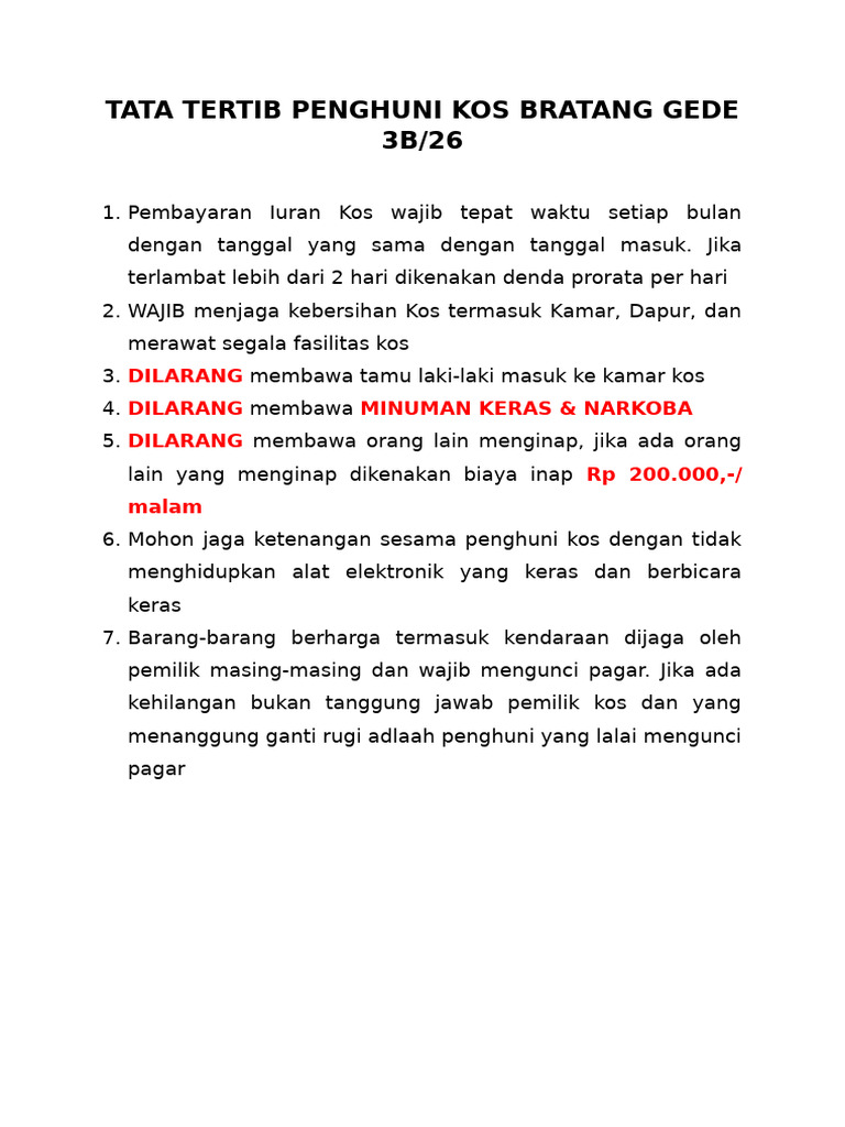 Tata Tertib Penghuni Kos Bratang Gede 3b | PDF