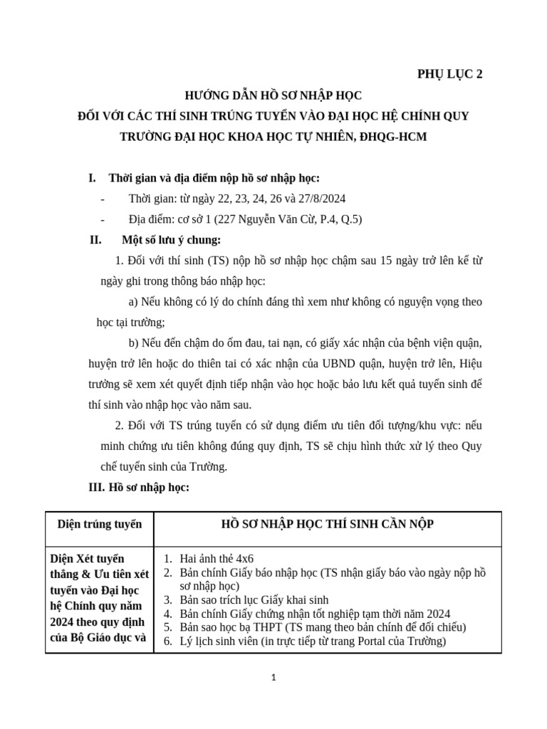 Phu Luc 2 - Huong Dan Ho So Nhap Hoc | PDF