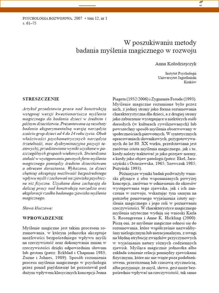W Poszukiwaniu Metody Badania Myślenia Magicznego W Rozwoju: Streszczenie | PDF