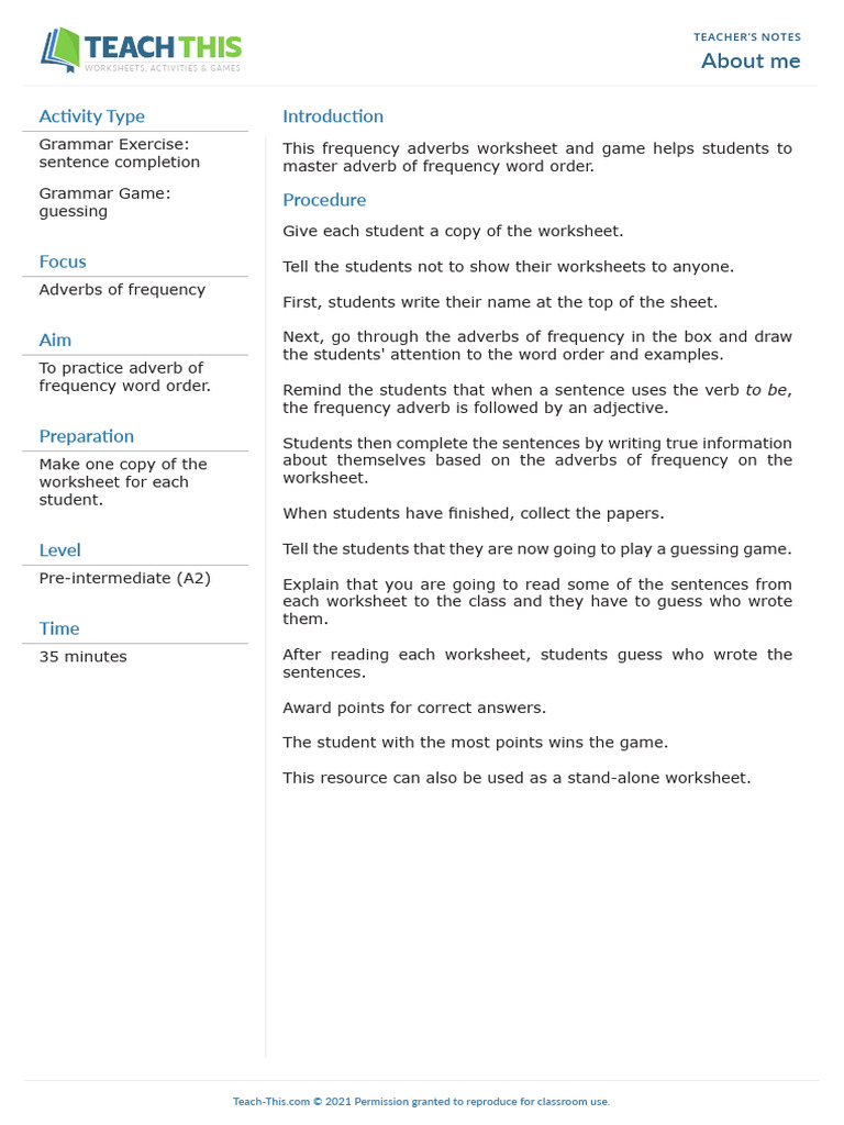 About Me | PDF | Adverb | Worksheet