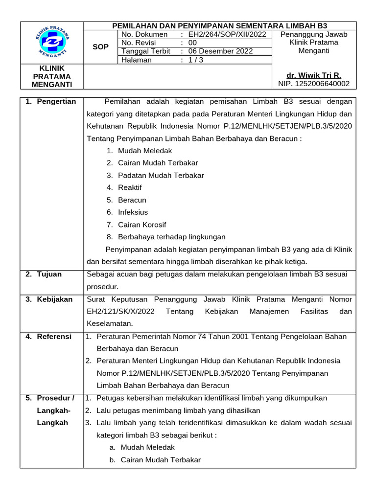 Sop Pemilahan Dan Penyimpanan Sementara Limbah B3 | PDF