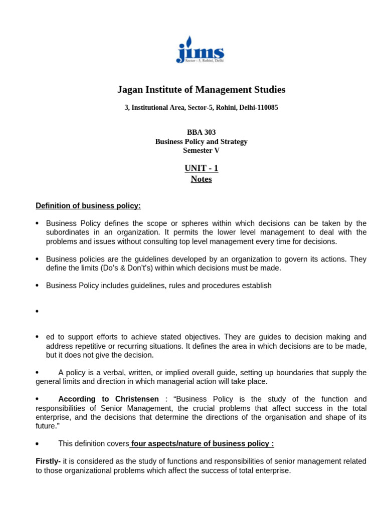 BPS Unit 1 Notes | PDF | Strategic Management | Goal