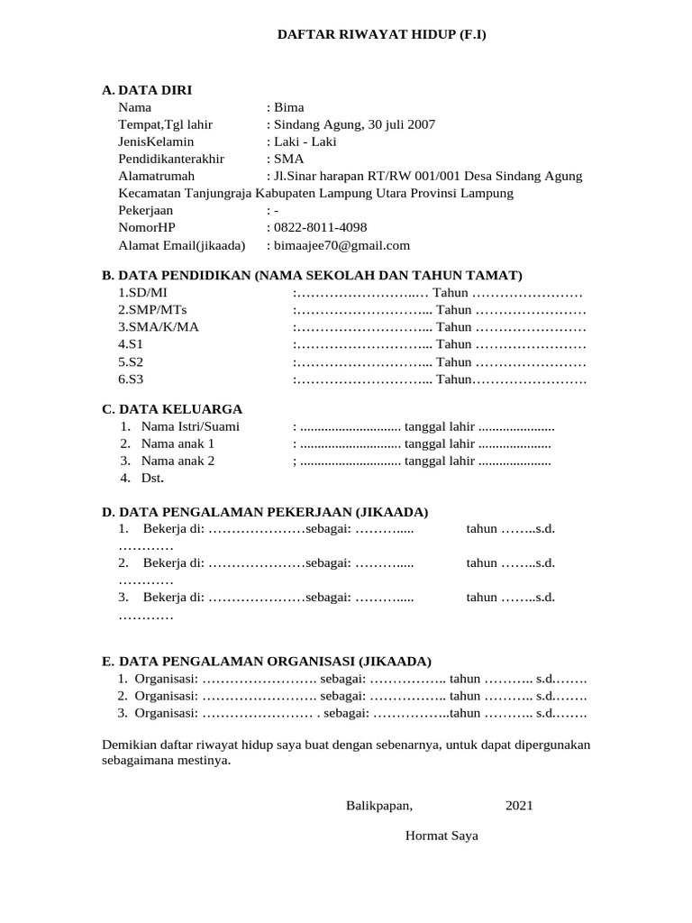 Daftar Riwayat Hidup Bima 2021 | PDF