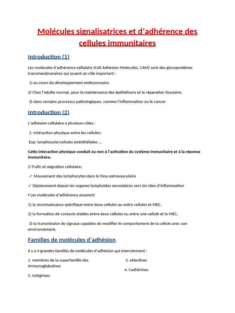 Rôle des molécules d'adhésion immunitaire | PDF | Intégrine | Système ...