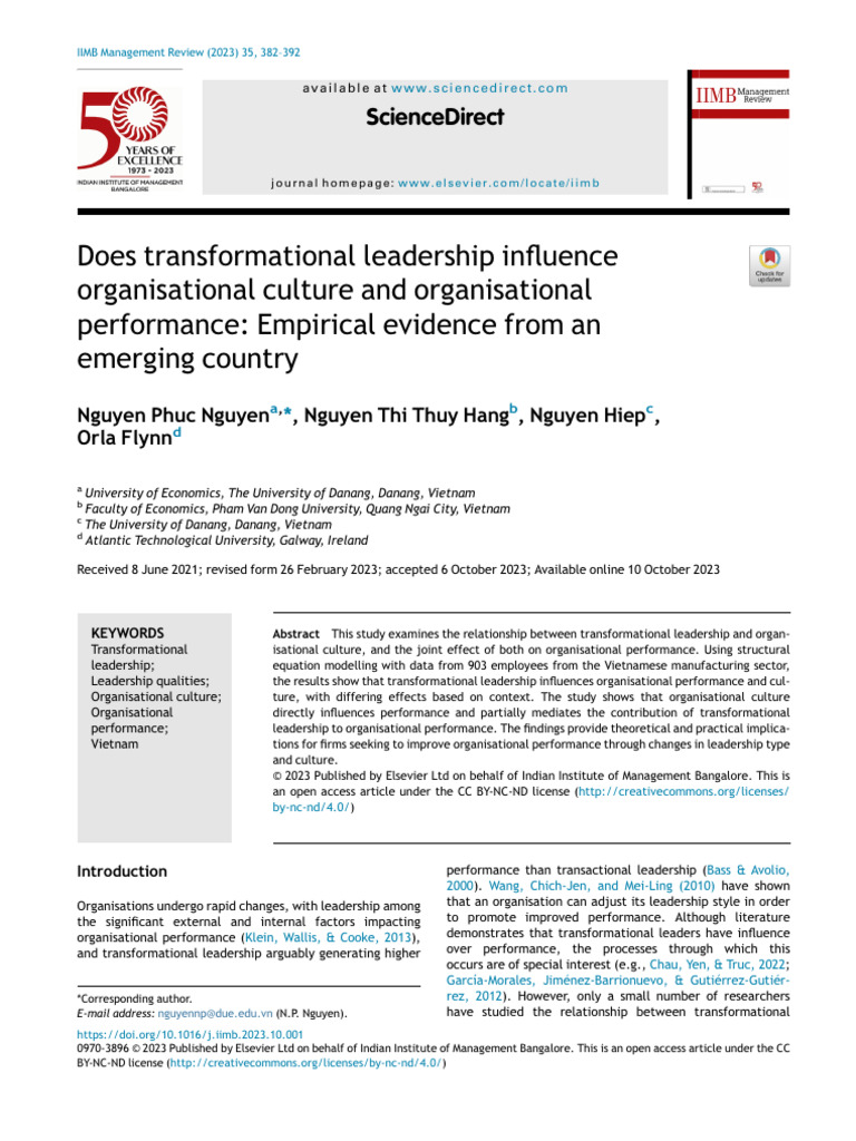Does Transformational Leadership Influence Organisational Culture And
