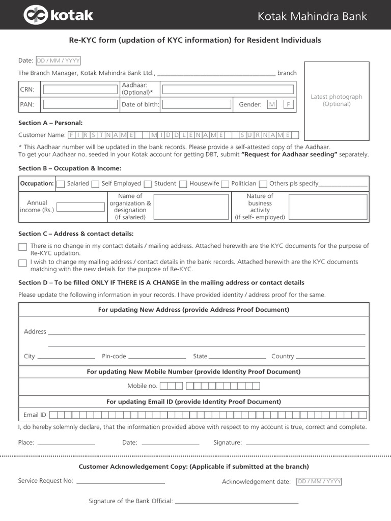 Kotak Re-KYC Form For Resident Individuals - .PDF - New | PDF | Authentication | Access Control