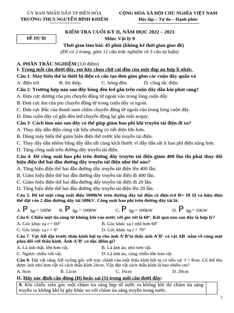 KTRA LY 9 HK 2 2022 2023 DU BI Ko Da | PDF