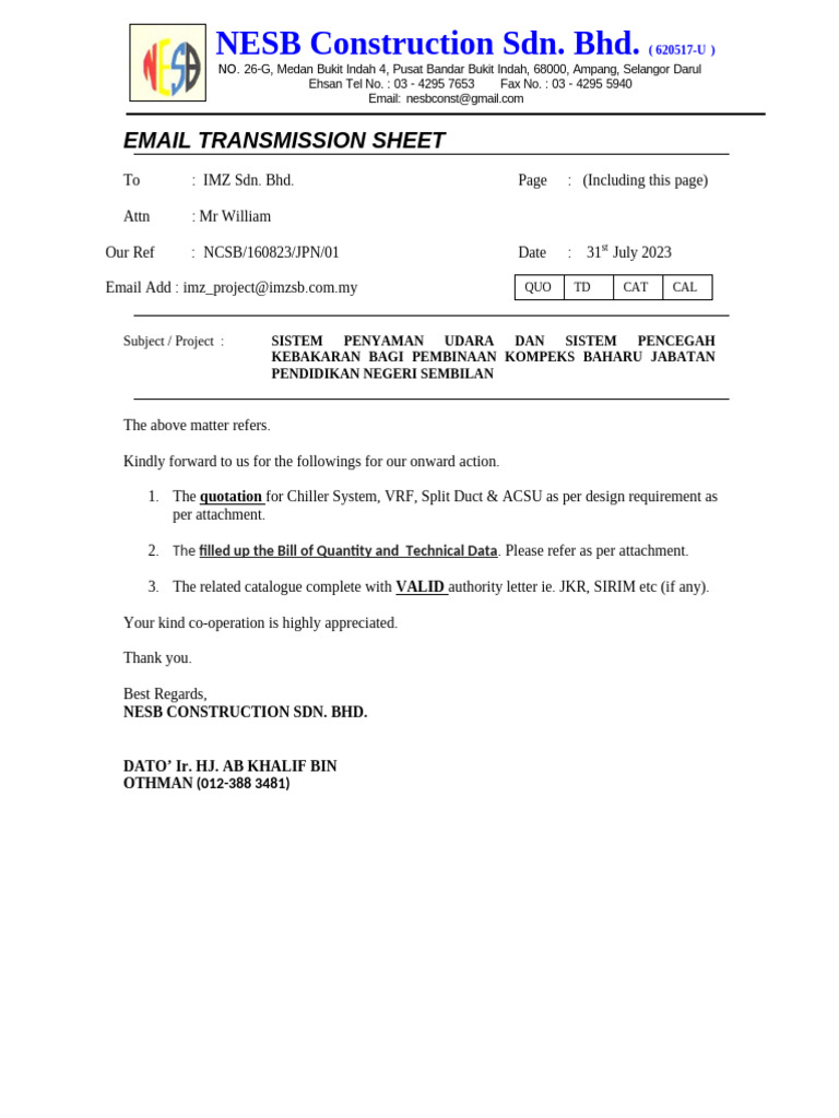 NESB Construction Project Request Email | PDF