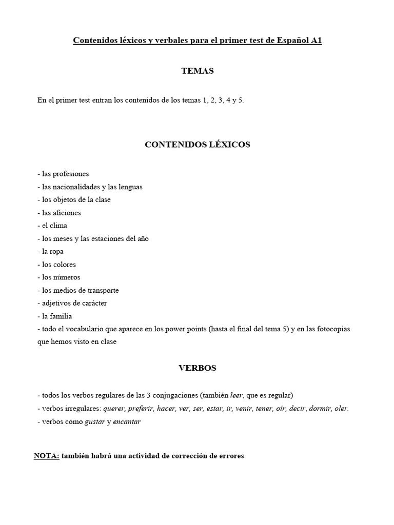 Contenidos para El Primer Test de A1 | PDF