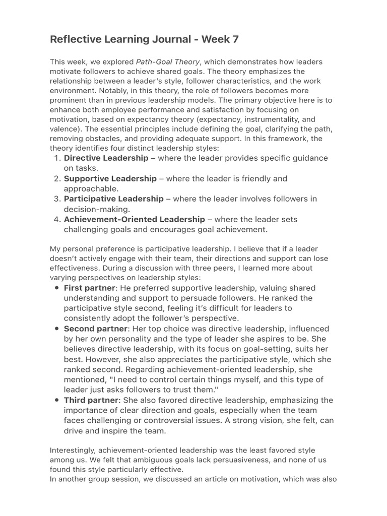 Reflective Learning Journal - Week 7 | PDF | Leadership | Motivational
