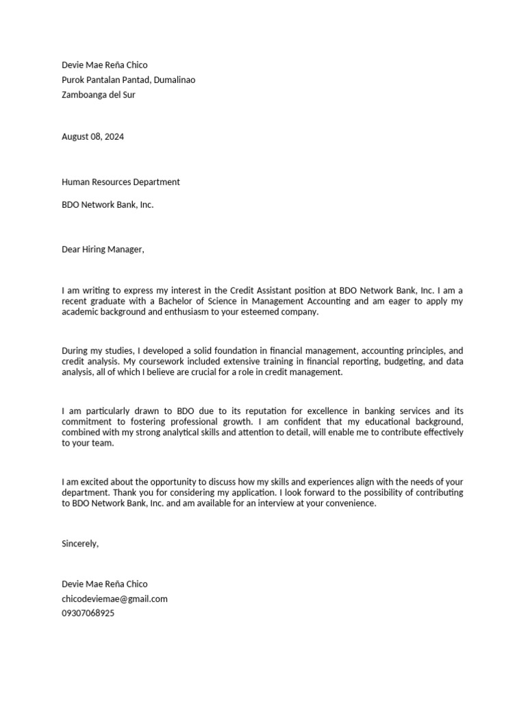 Devie Mae Reña Chico Application Letter | PDF | Career & Growth