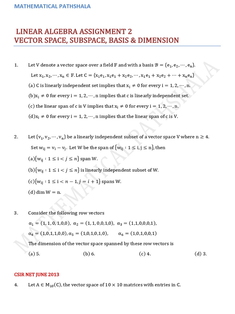 Linear Algebra Assignment 2 Vector Space, Subspace, Basis & Dimension ...