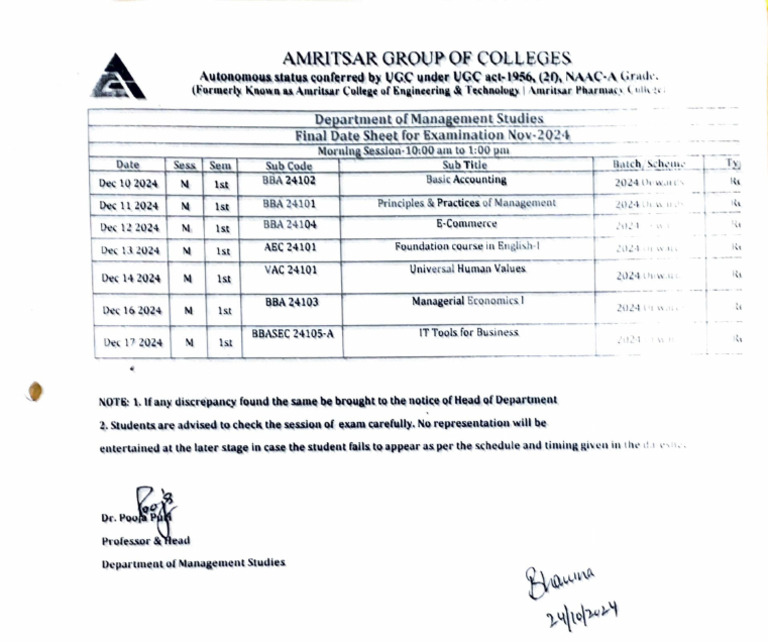 Revised BBA 1 Date Sheet | PDF