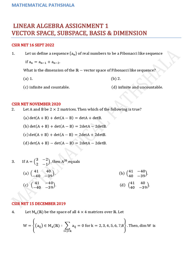 Linear Algebra Assignment 1 Vector Space, Subspace, Basis & Dimension | PDF | Linear Subspace ...