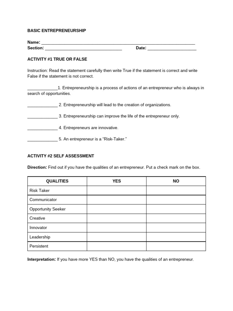Basic Entrepreneurship Activity | PDF
