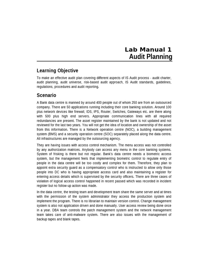 Lab Manual 1 - Audit Plan-Std | PDF | Audit | System