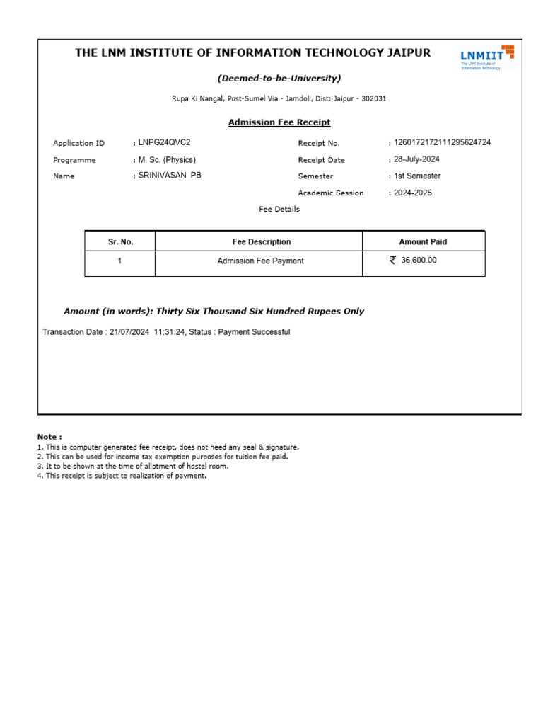 Admission Fee Receipt for 2024-2025 | PDF