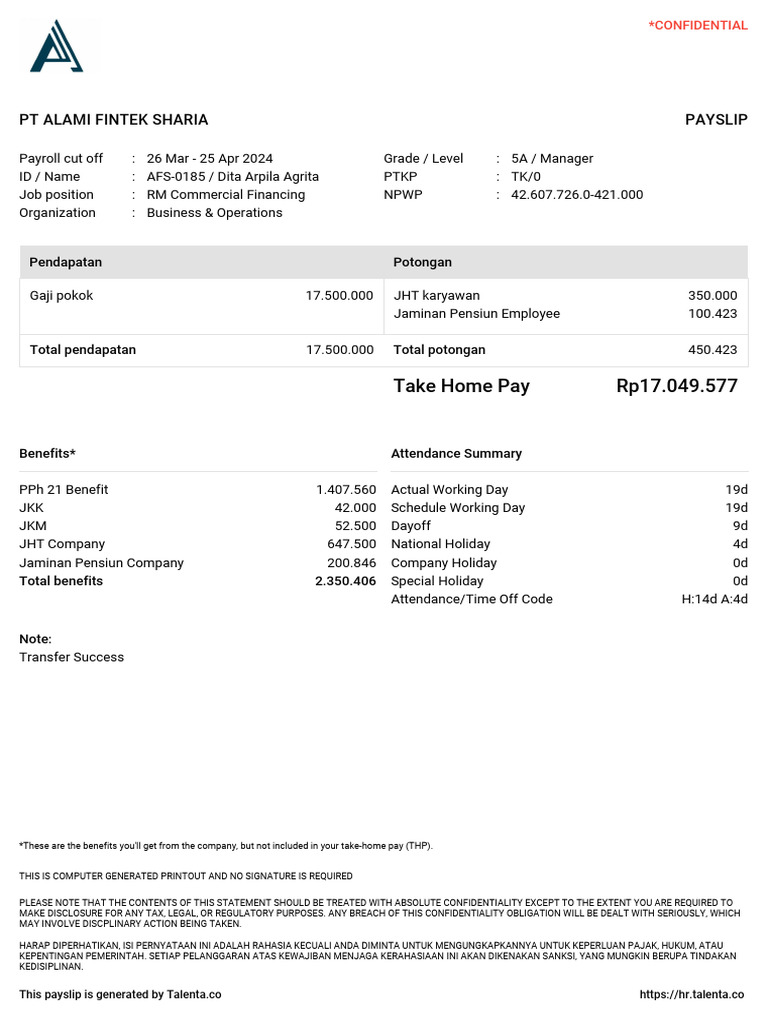 April 2024 Payslip for Dita Agrita | PDF | Justice | Crime & Violence