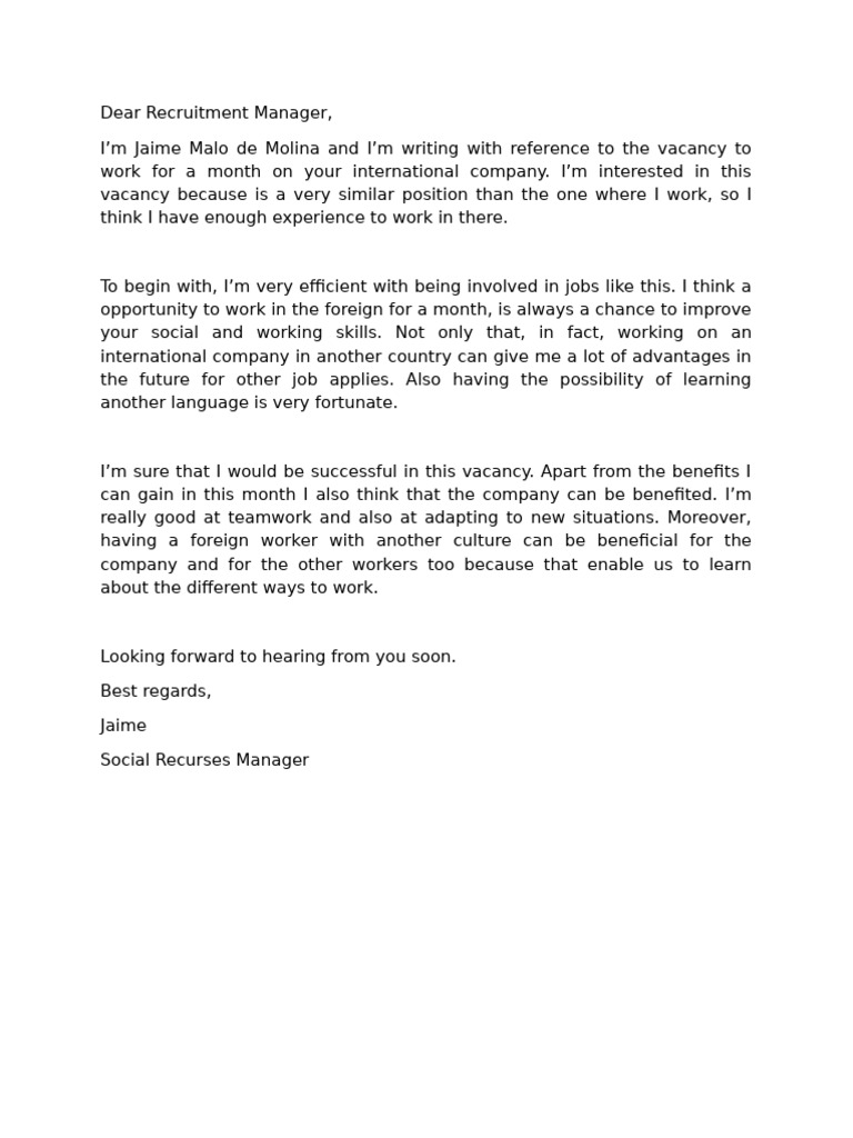 Dear Recruitment Manager | PDF | Career & Growth