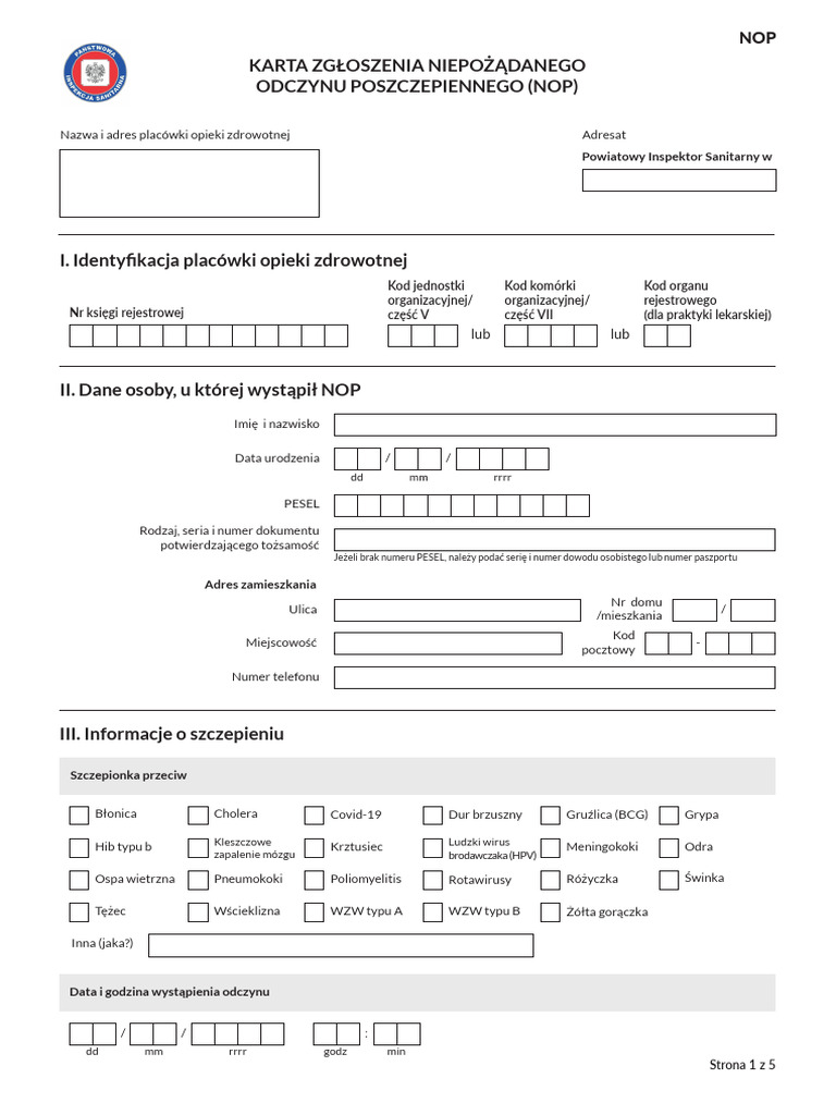 Karta Zgloszenia Niepozadanego Odczynu Poszczepiennego (NOP) | PDF