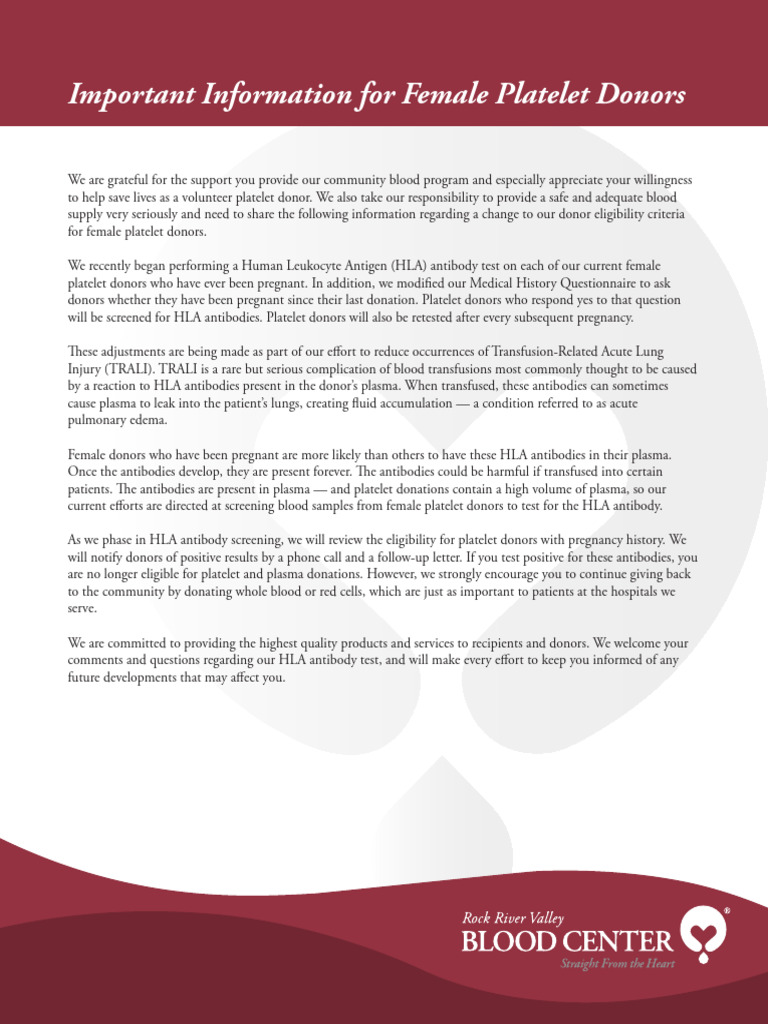 Important Information For Female Platelet Donors | PDF | Blood Donation ...