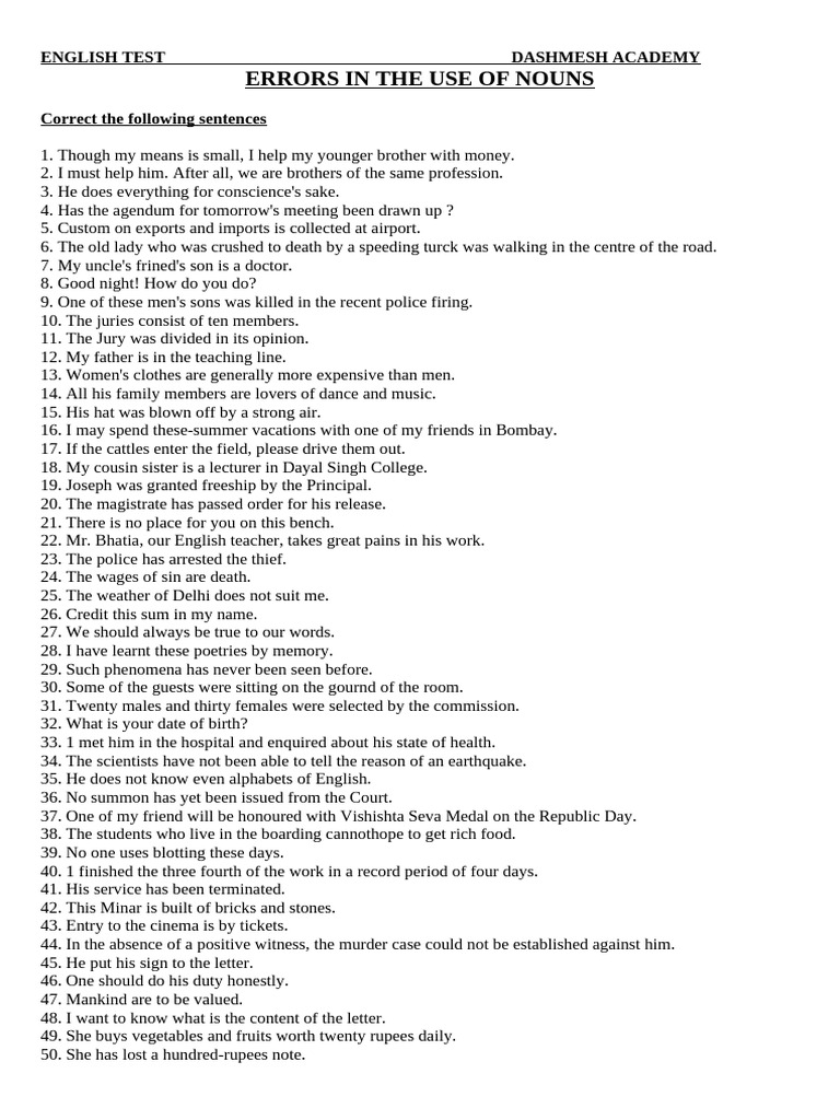 Noun Usage Errors and Corrections | PDF | Grammatical Number | English ...