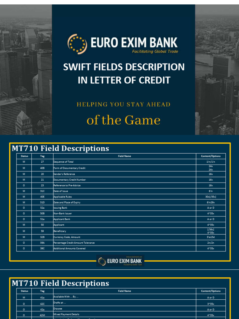 Presentation On Swift Fields Description | PDF | Payments