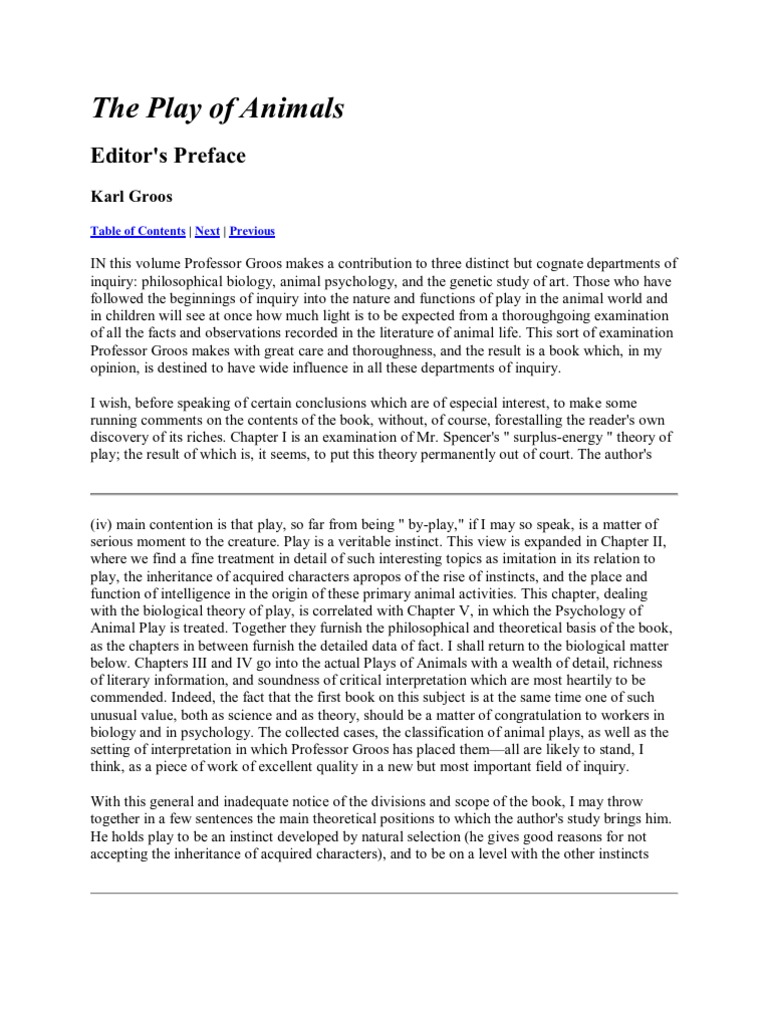 The Play of Animals Karl Groos | PDF | Consciousness | Imitation