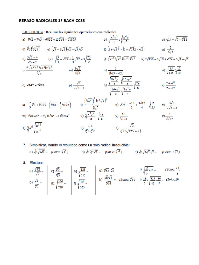 Repaso Radicales 1º Bach CCSS | PDF
