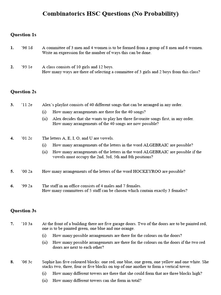 HSC Combinatorics Questions Guide | PDF