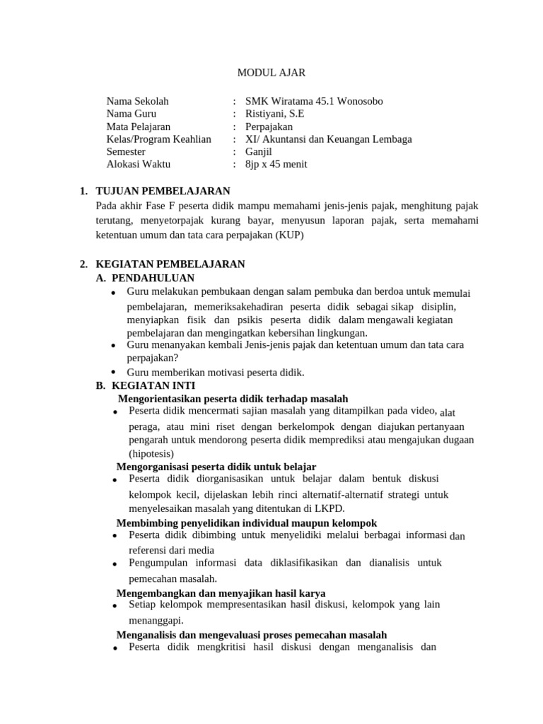 Modul Ajar Perpajakan XI AKL | PDF