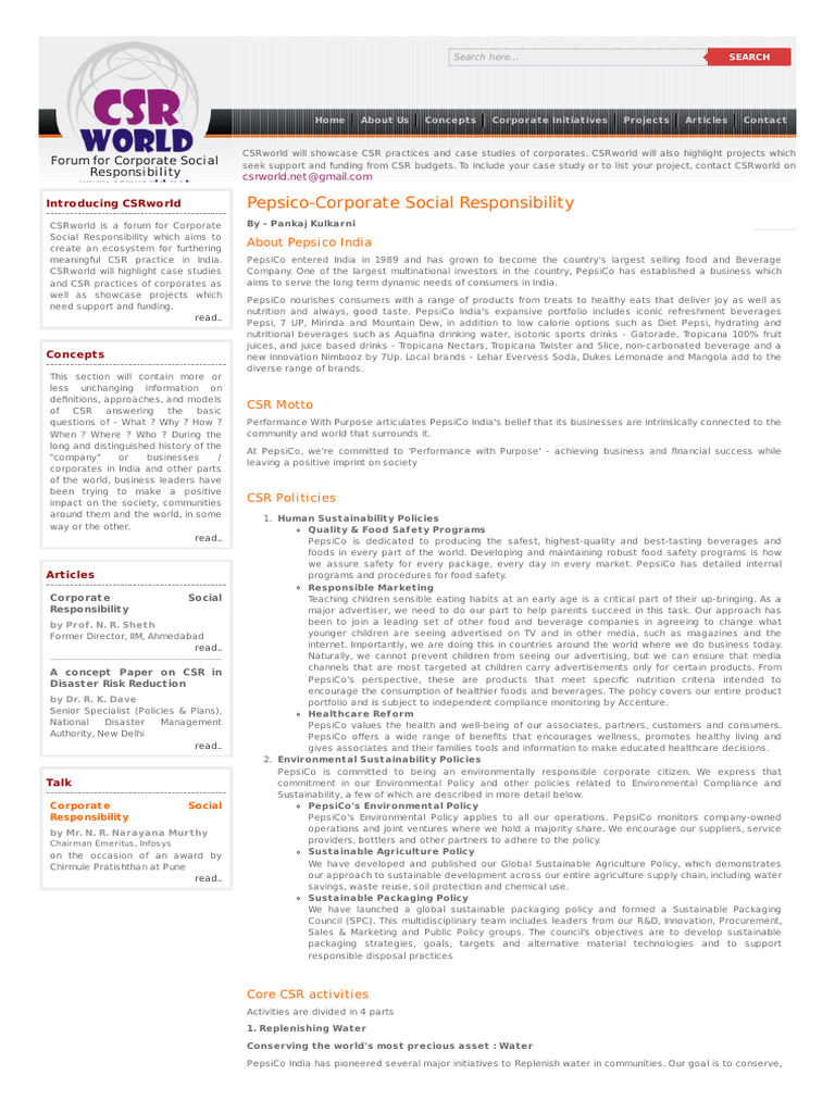 Csrworldnetpepsicoe28093corporate Social Responsibilityasp | PDF ...