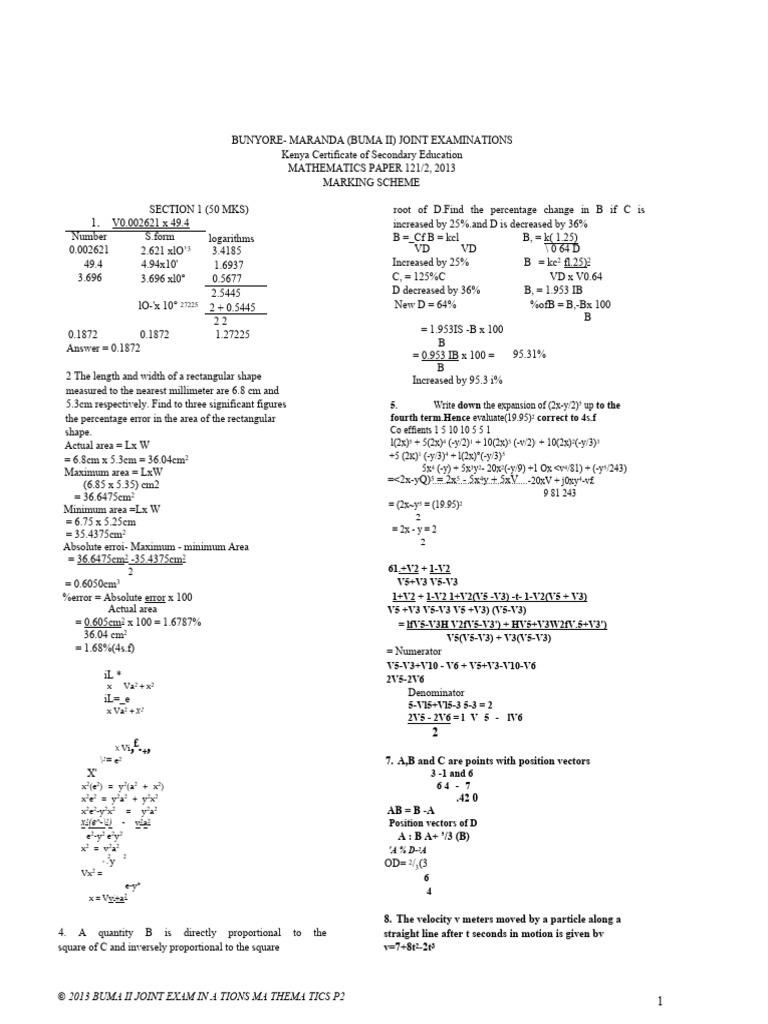 2013 KCSE MARANDA MATHEMATICS P2 MS | PDF | Mathematics