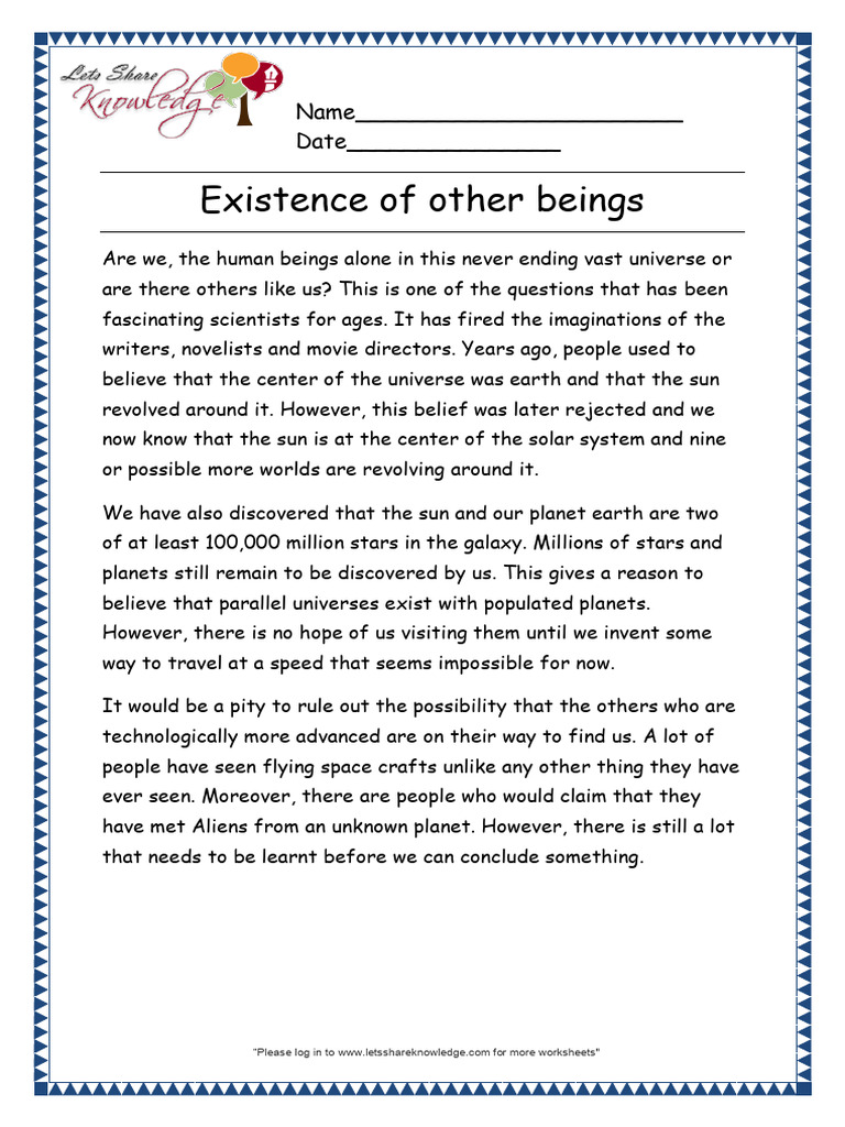1 Existence of Other Beings Grade 3 Comprehension Worksheet | PDF ...