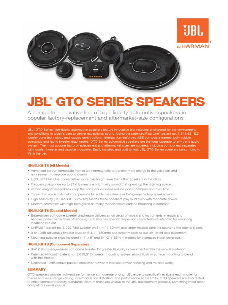 JBL GTO Speakers SpecSheet | PDF | Loudspeaker | Electrical Engineering