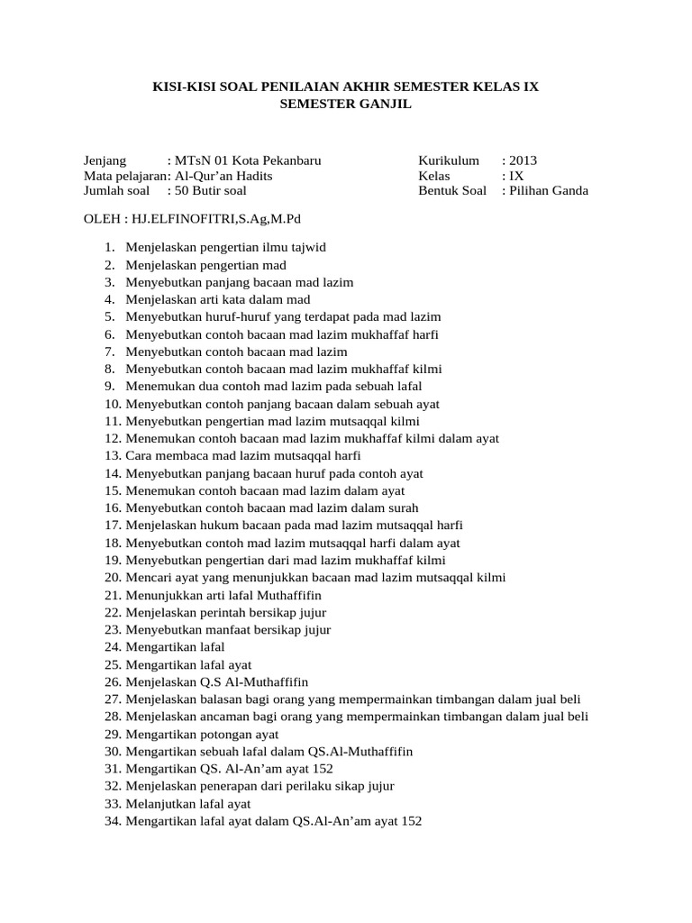 Kisi-Kisi Pas QH Siswa 2022 | PDF