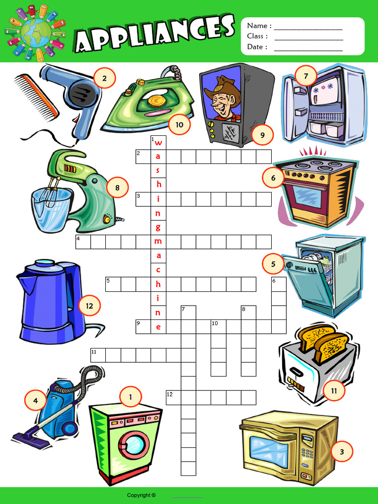 Appliances Esl Vocabulary Crossword Puzzle Worksheet For Kids | PDF