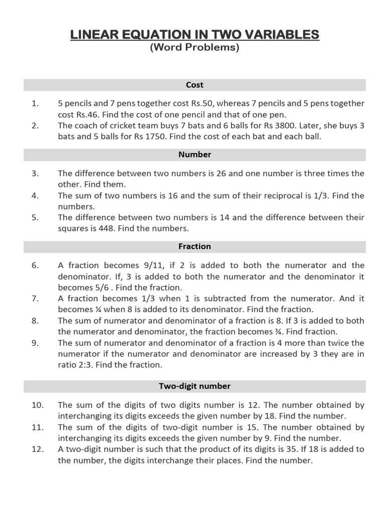 Word Problems on Linear Equations | PDF | Length | Area